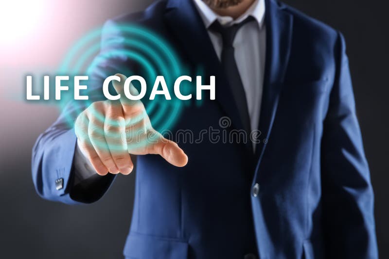 Life Coaching Concept. Businessman Touching Virtual Screen on Dark ...