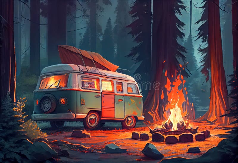 Life in a Combi Van, at Night in the Woods, with a Fire Going. Stock ...