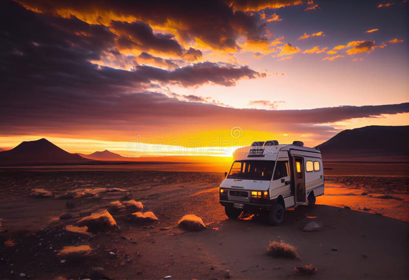 Life in a Combi Van, at Sunset on the Beach. Stock Illustration ...