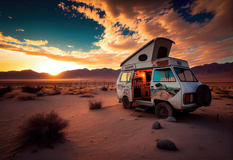 Life in a Combi Van, at Sunset on the Beach. Stock Illustration ...