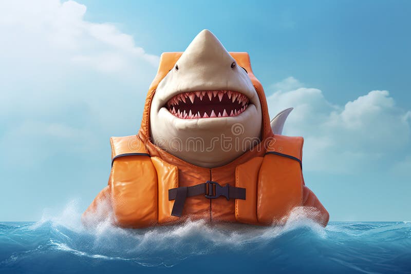 Life Jacket and Shark on Ocean, Concept of Safety Precaution Stock ...