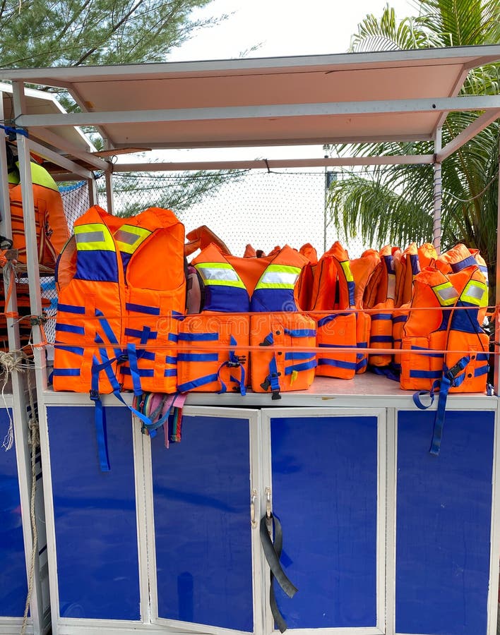 Life Jacket Stacked on the Rack Near the Beach Stock Image - Image of ...