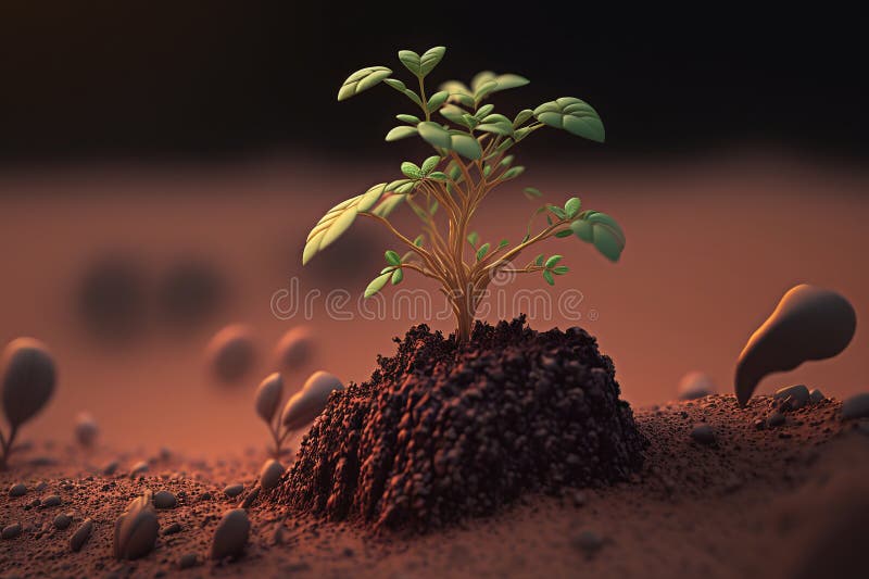 Life on Mars. Sprout of a Green Plant in the Red Soil of Mars ...