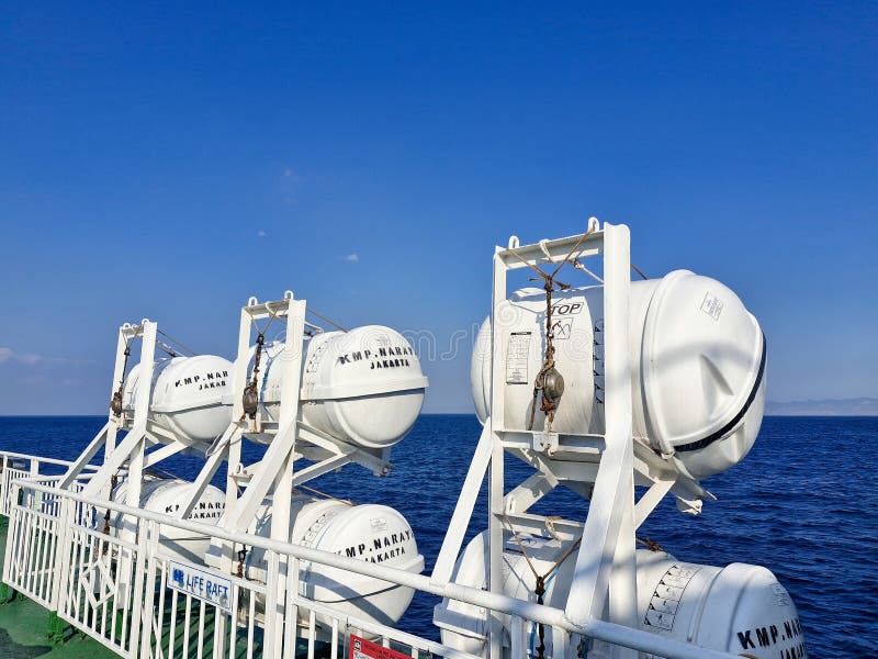 Life raft on the ferry editorial photo. Image of ocean - 350108141