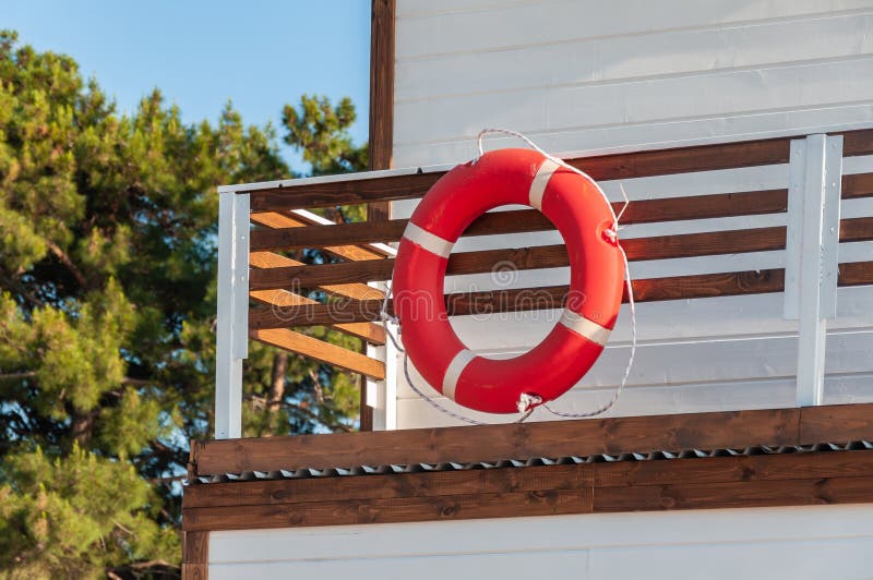 Life Ring Hangs on the Wall of the Lifeguard Tower. Lifeline Stock ...