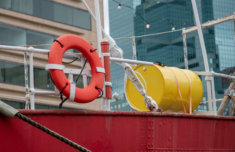 Life Ring and Yellow Barrel and Sailing Equipment on Ship Stock Image ...