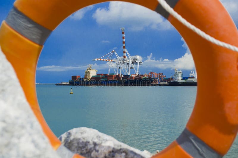 Life Safety Ring and Cargo Ship at Seaport Stock Photo - Image of ocean ...