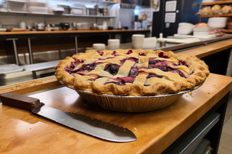 Life-sized Cherry Pie on the Pastry Counter, with a Knife and Fork ...