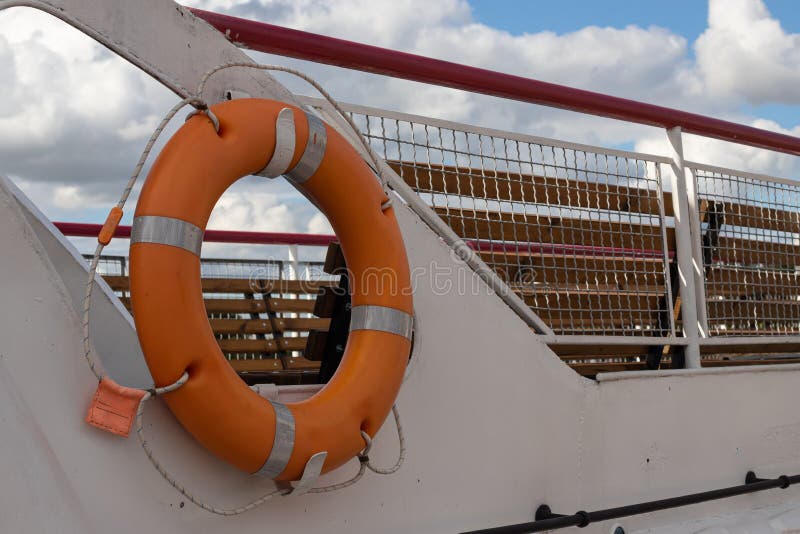 Lifeline on the Ship. Red Lifeline Tied To the Railing of the Ship ...