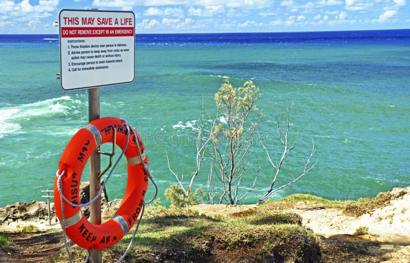 Lifebuoy Flotation Device & Instruction Sign at Seaside Stock Image ...