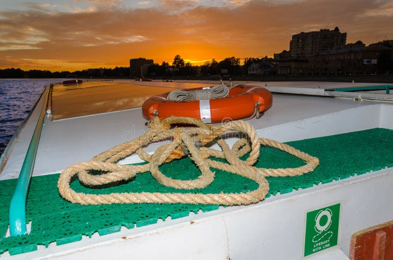 Line of Lifebuoy Ring Floatation Inside a Traveler Ship . Blurry ...