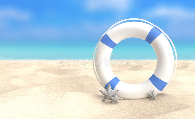 Lifebuoy Ring and Starfish Placed on Sandy Beach with Ocean View Stock ...