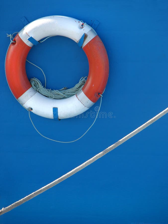 Lifebuoy and Rope on Blue Boat Stock Photo - Image of buoy, copy: 9856934