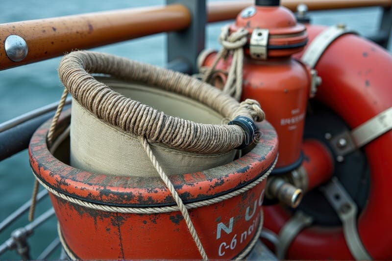 Lifebuoy and Rope-inset Container on Nautical Deck with Ocean View ...