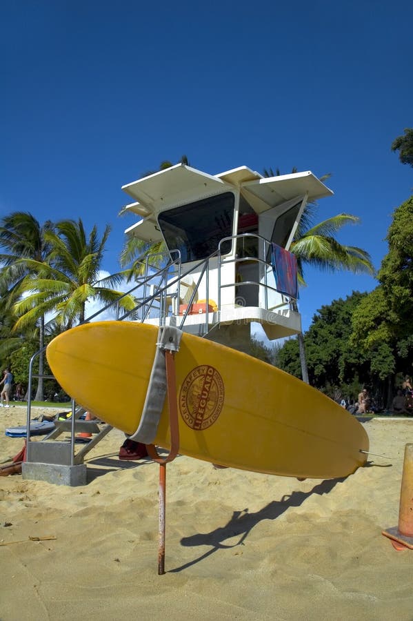 Lifeguard House with Surf Board Stock Photo - Image of waikiki, life ...