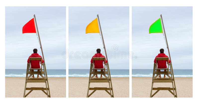 The Lifeguard Sitting with Three Different Flags Stock Image - Image of ...