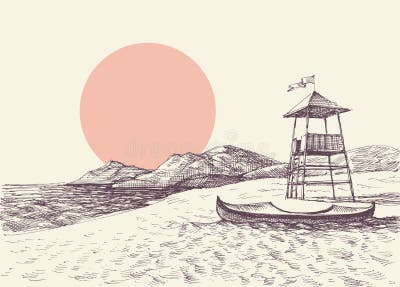 Lifeguard Tower on the Beach Drawing Stock Vector - Illustration of ...