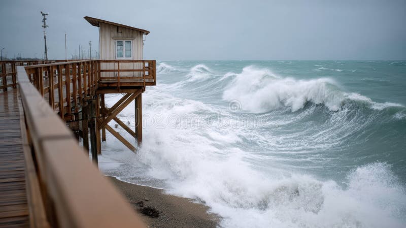 Lifeguard Tower on Pier with Large Storm Waves Crashing Stock ...