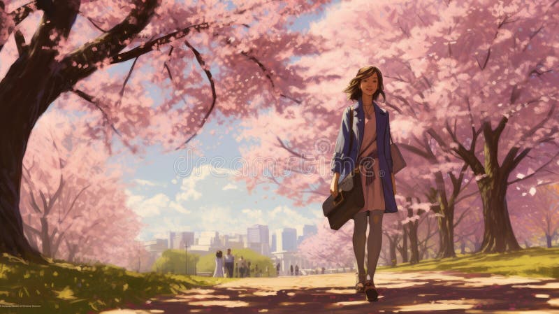 Lifelike Animation of Barbara Walking in Cherry Blossom Park Stock ...