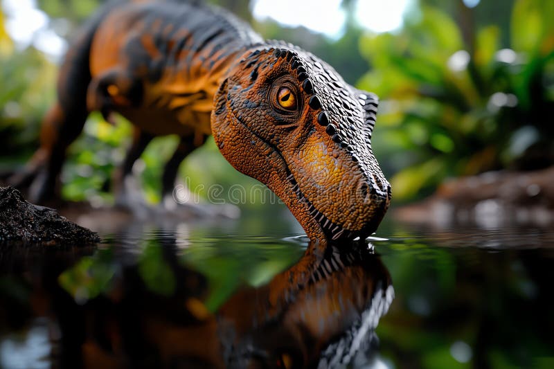 A Lifelike Dinosaur Model Drinking Water from a Pond, Surrounded by ...