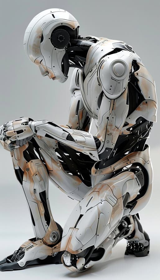Lifelike Humanoid Robot with Human Like Face Kneeling in Side Angle ...
