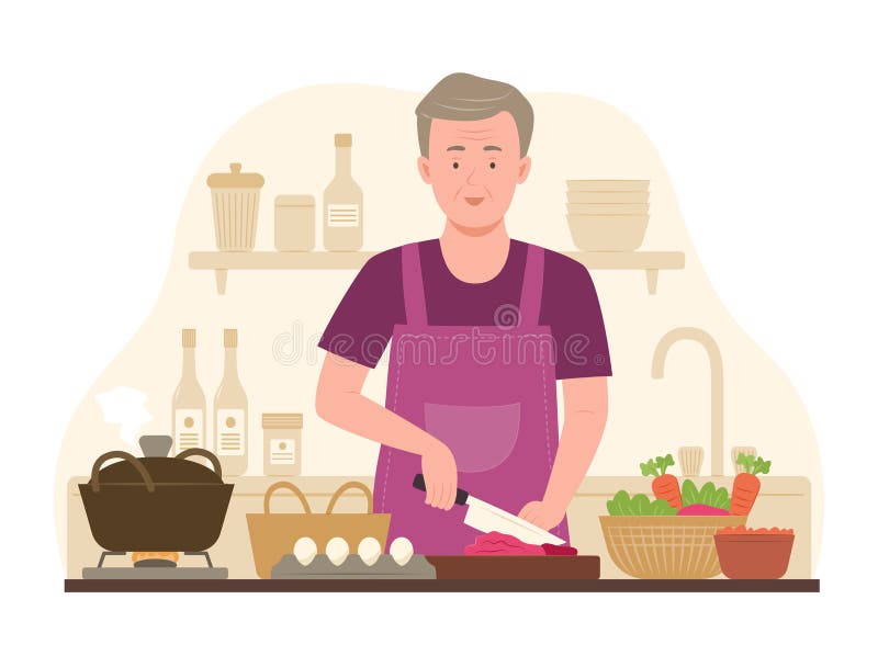 Senior Man Cooking Food in Kitchen for Cookery Concept Illustration ...