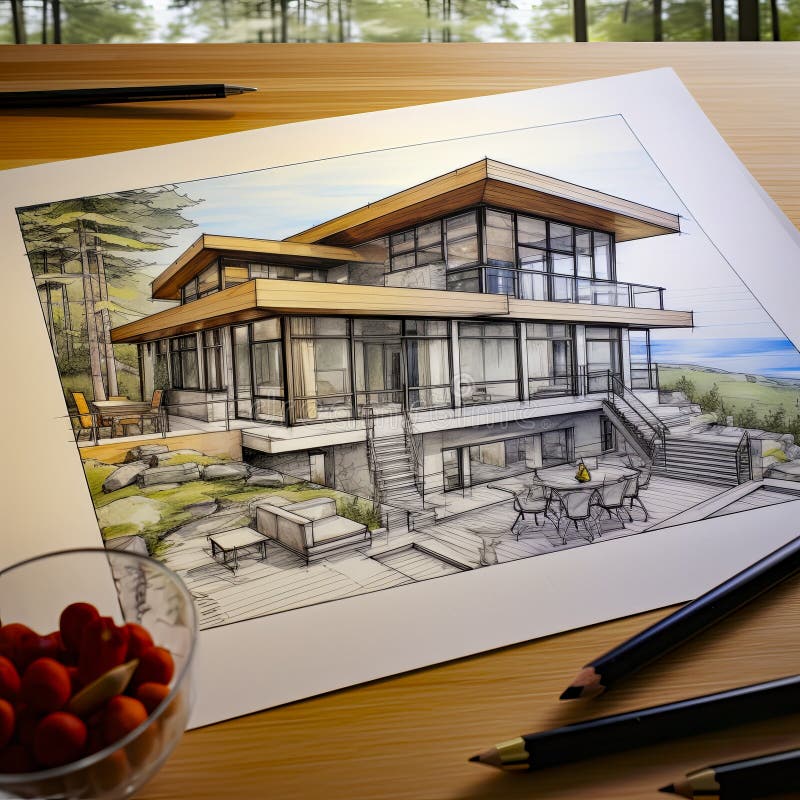 Lifestyle Photo Architectural Drawing of Modern Home Stock Illustration ...