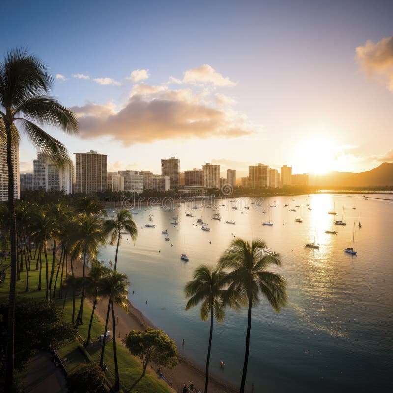 Lifestyle Photo Honolulu Sunset Looking from Magic Island Stock Photo ...