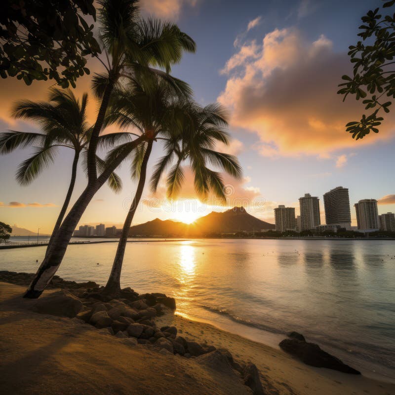 Lifestyle Photo Honolulu Sunset Looking from Magic Island Stock Image - Image of waikiki ...