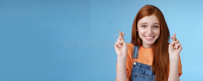 Silly Young Pretty Redhead Girl Blue Eyes Freckles Making Wish Cross
