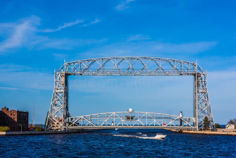 Lift Bridge with Small Boat Stock Photo - Image of aerial, duluth: 54651012