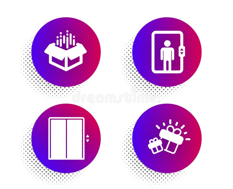 Lift, Elevator and Open Box Icons Set. Gift Sign. Elevator, Office ...