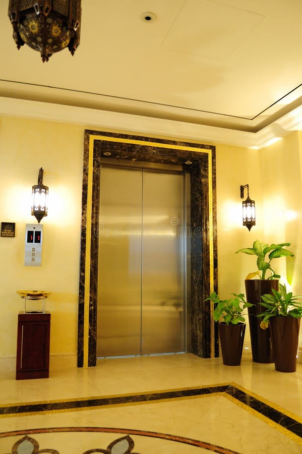 Lift Entrance Area in Night Illumination Stock Photo - Image of dubai ...