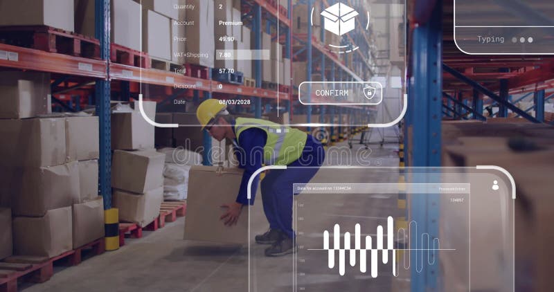 Lifting Box in Warehouse, Worker with Data Processing Animation Overlay ...