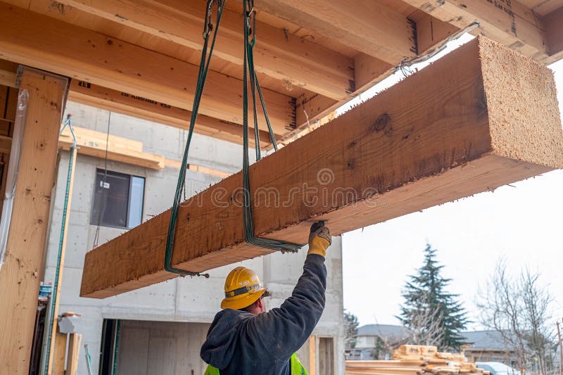 Lifting a Heavy Timber Beam Inside a Modern Construction Site on a ...