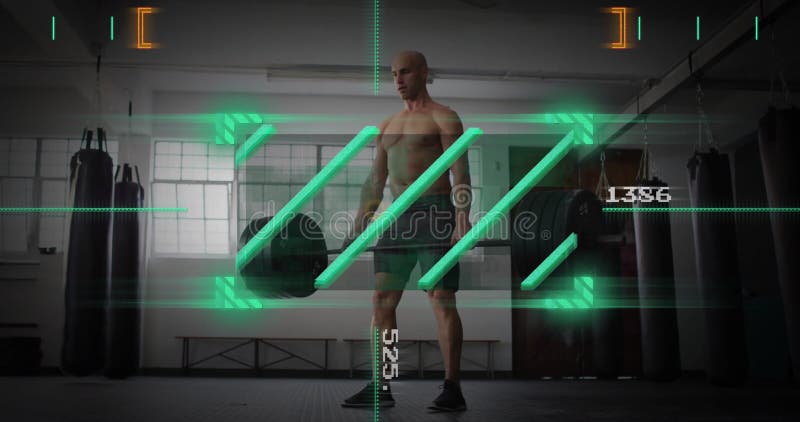 Lifting Weights in Gym, Man Using Animation with Digital Data Overlay ...