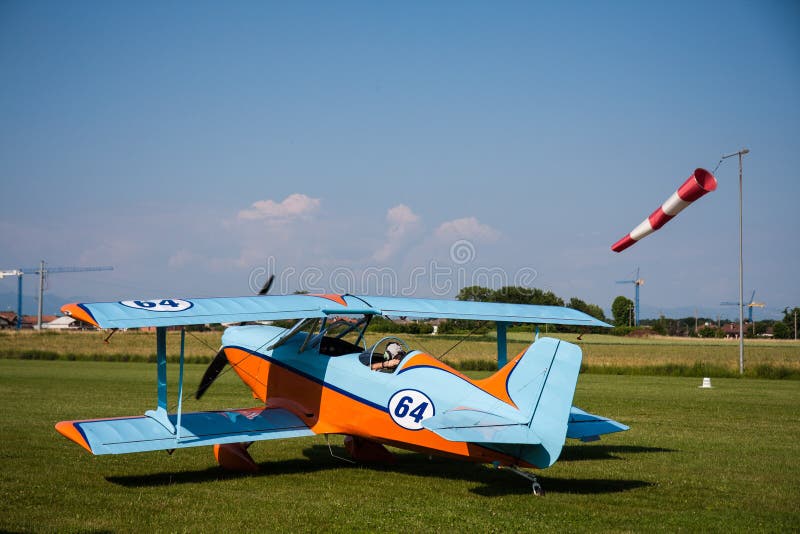 Light Aircraft, Modern Biplane Orange and Blue Stock Image - Image of ...