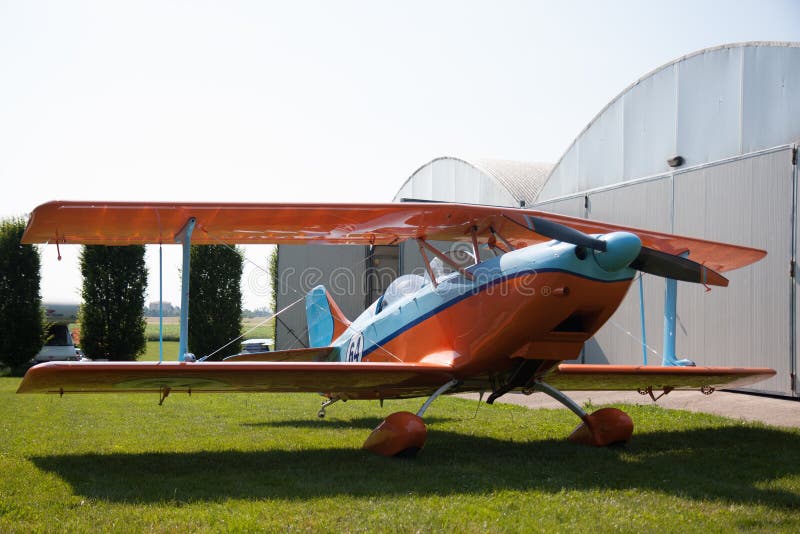 Light Aircraft, Modern Biplane Orange and Blue Stock Image - Image of ...