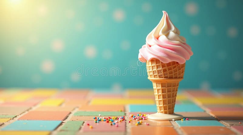 Ice Cream Cone with Pink and White Soft Serve on Colorful Tile Stock ...