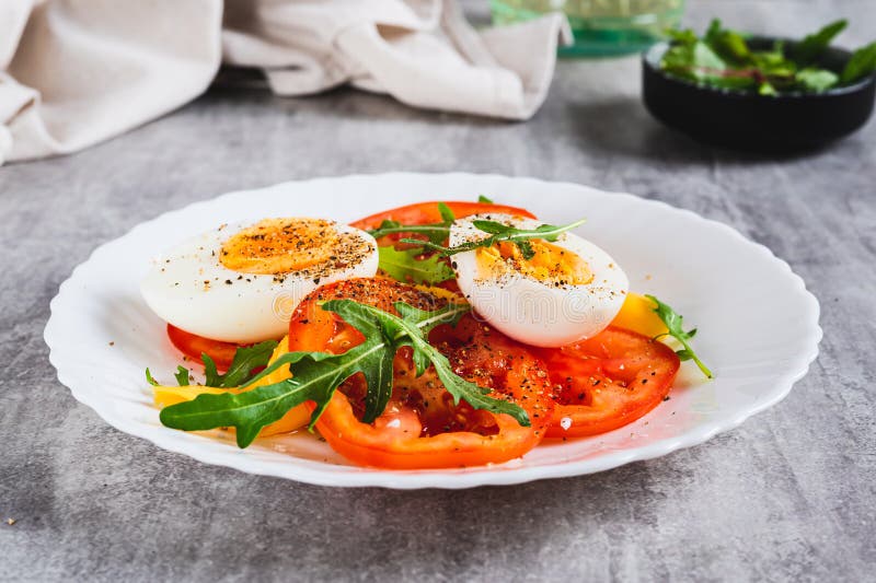 Light Appetizer Tomatoes Boiled Egg Cheese Arugula Plate Table Stock ...