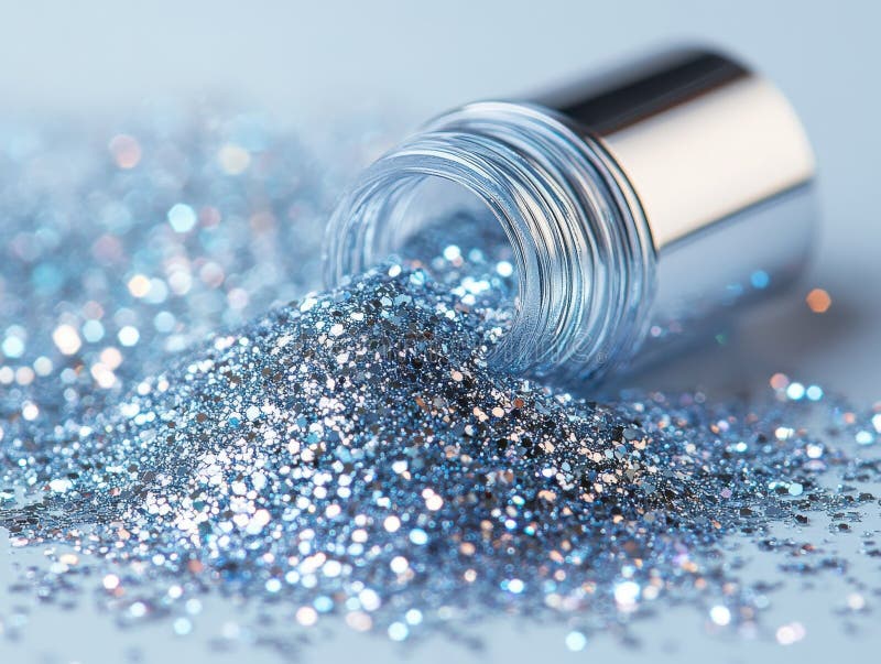 On a Light Background, Blue and Silver Sequins Spill Out of the Glass ...