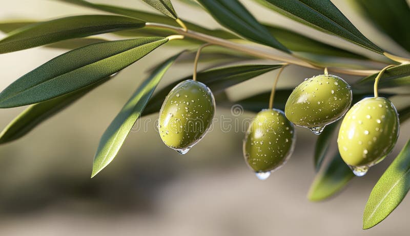 On a Light Background, a Branch with Olives and Water Drops Can Be Seen ...
