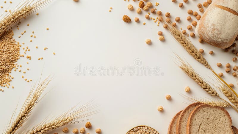 Light Background with Ears , Scattered Grain and Pieces of Fresh Bread ...