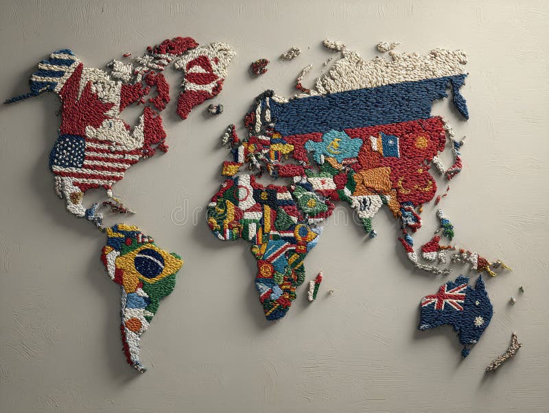 Light Background with Map of the World Featuring Stitched Country Flags ...