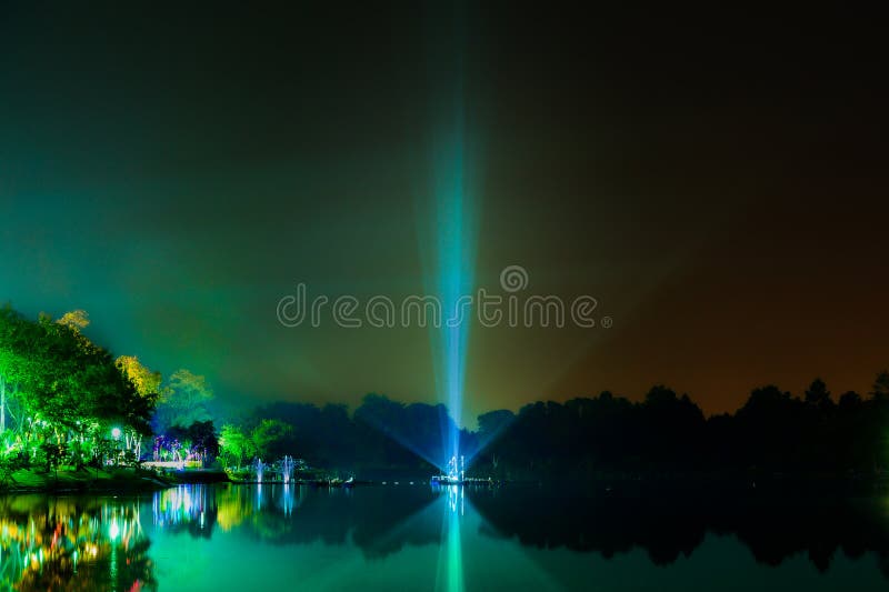 Light Beam in the Lake at Night Stock Photo - Image of laser, evening ...