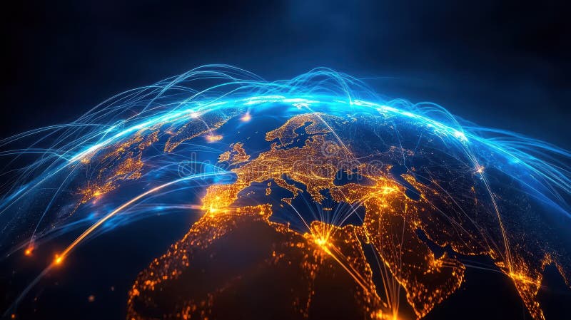 Light Beams Connecting To Earth in Blue Background Stock Photo - Image ...