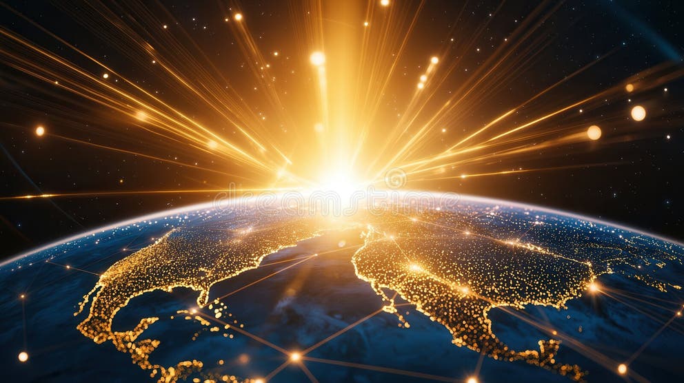 Glowing Light Rays Radiating from Planet Surface, Visualizing Worldwide ...