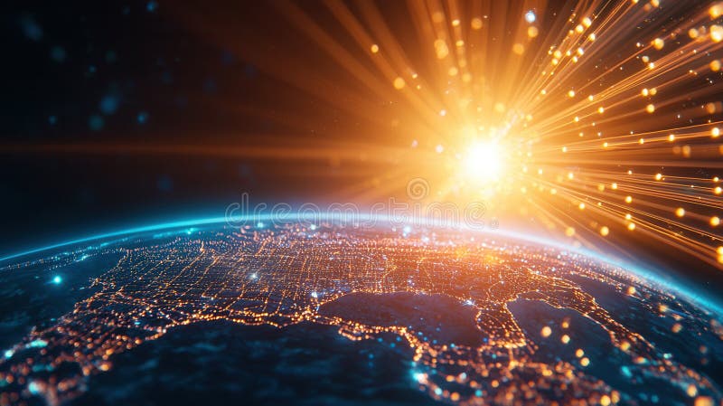 Glowing Light Rays Radiating from Planet Surface, Visualizing Worldwide ...