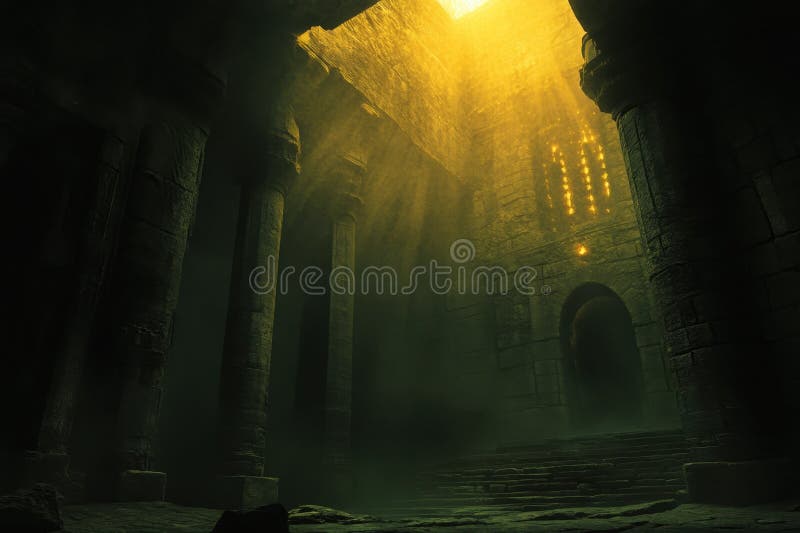 Light Beams Filter through Ancient Ruins in a Mysterious, Dimly Lit ...