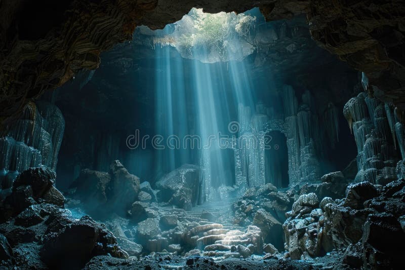 Light Beams Illuminate a Mysterious Cave with Rocky Formations and ...